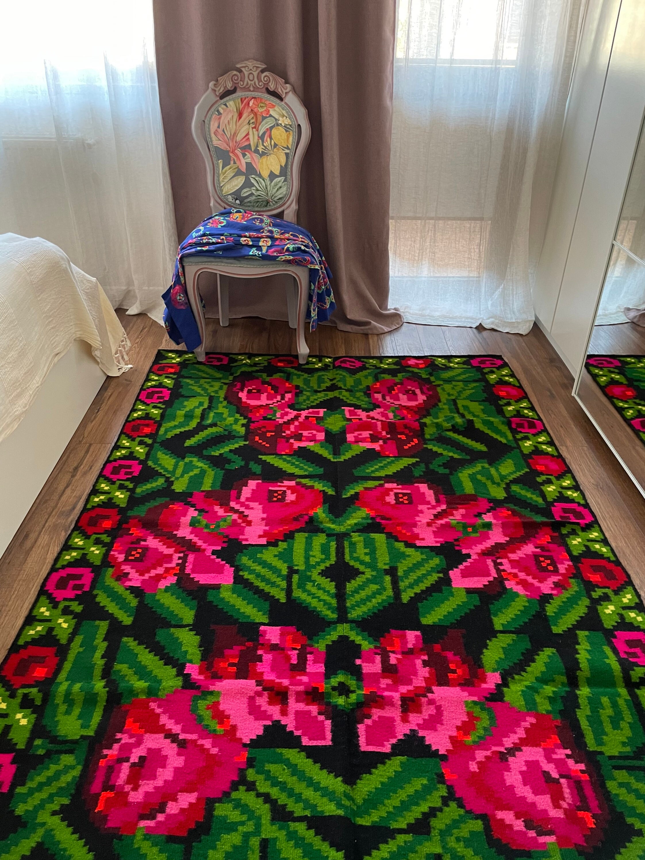 Gorgeous Wool Handmade Rug With Pink Roses From Maramures - Etsy