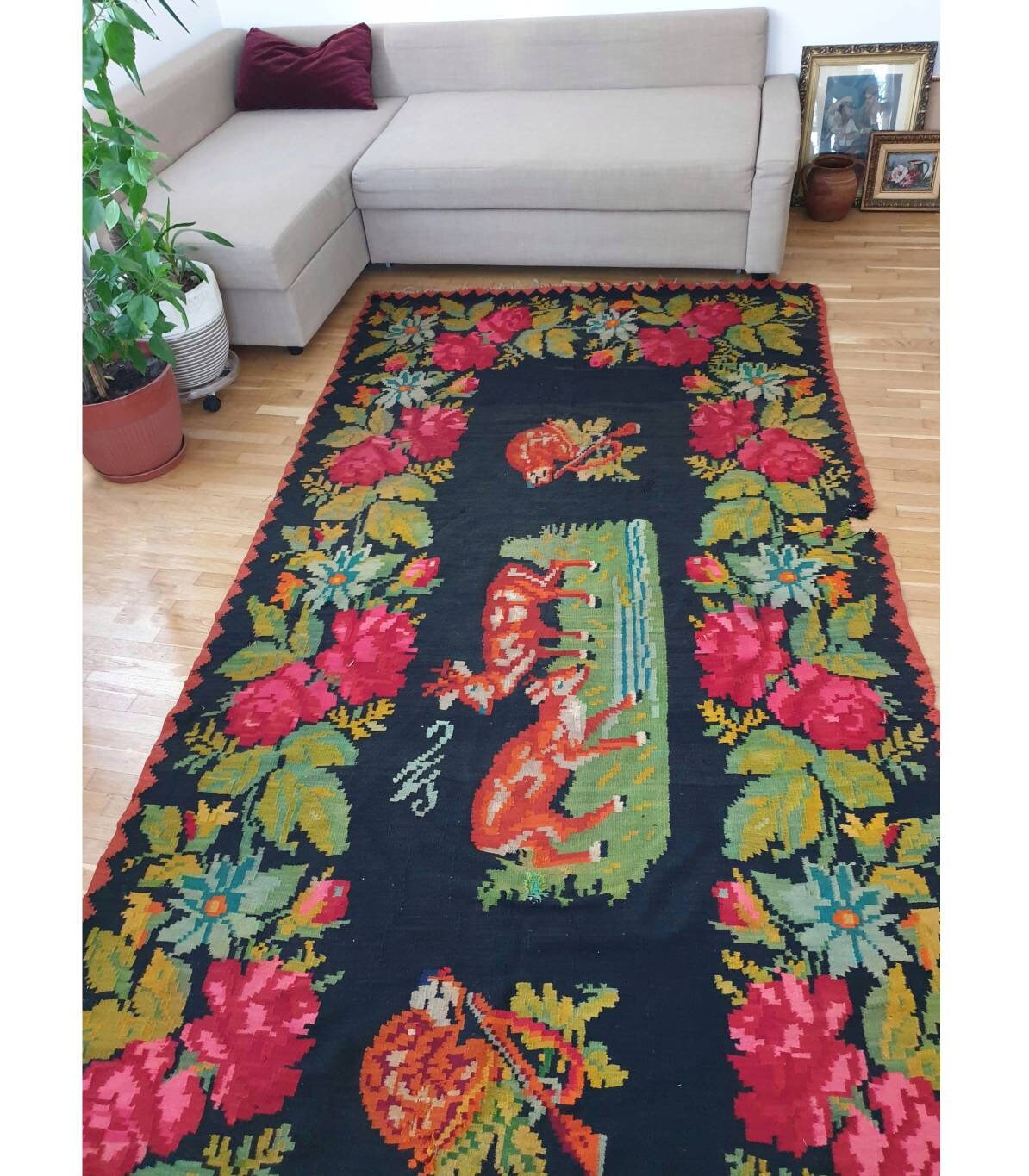 Large Romanian Antique Gorgeous Rug, Handwoven in Wool, Black ...