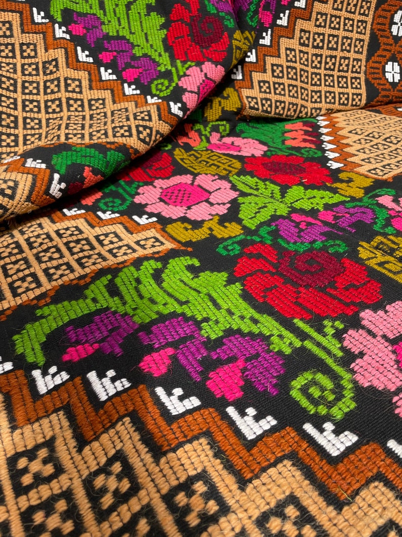 Floral Boho Rug Made by Hand, Wool Colorful Wool on a Black Cotton ...
