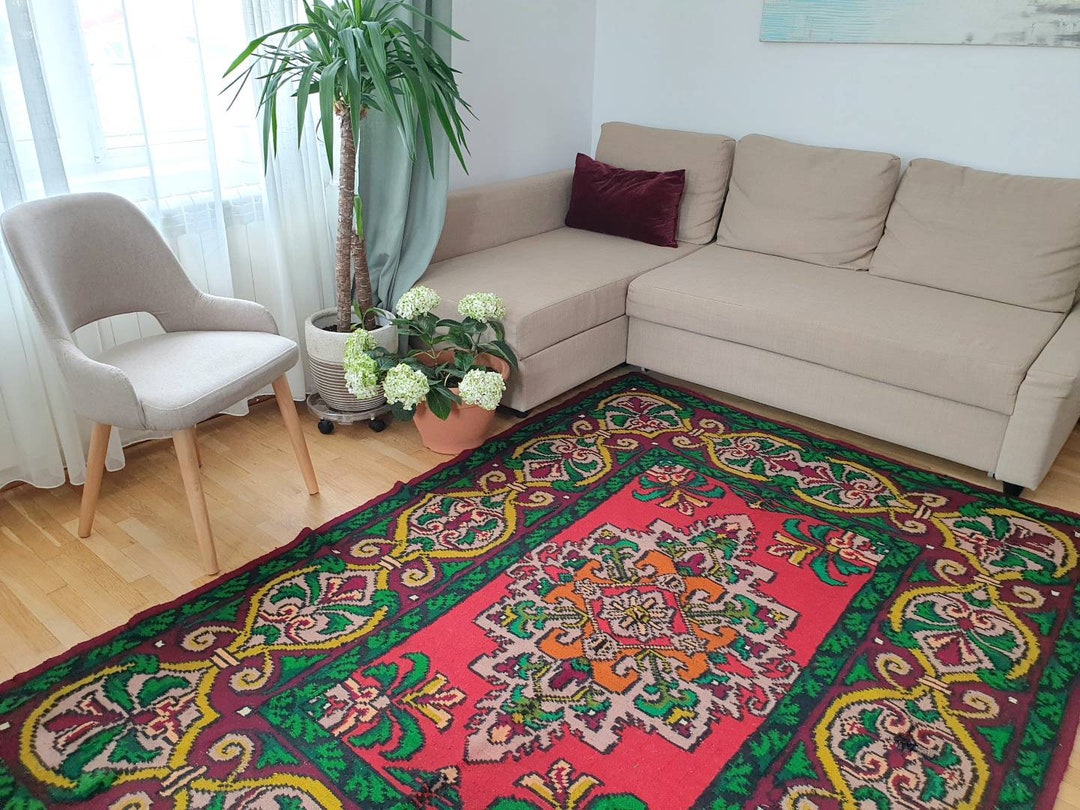 Antique Romanian Large Rug With Green and Red Design, Handwoven ...