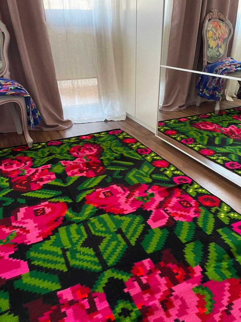 Gorgeous Wool Handmade Rug With Pink Roses From Maramures - Etsy
