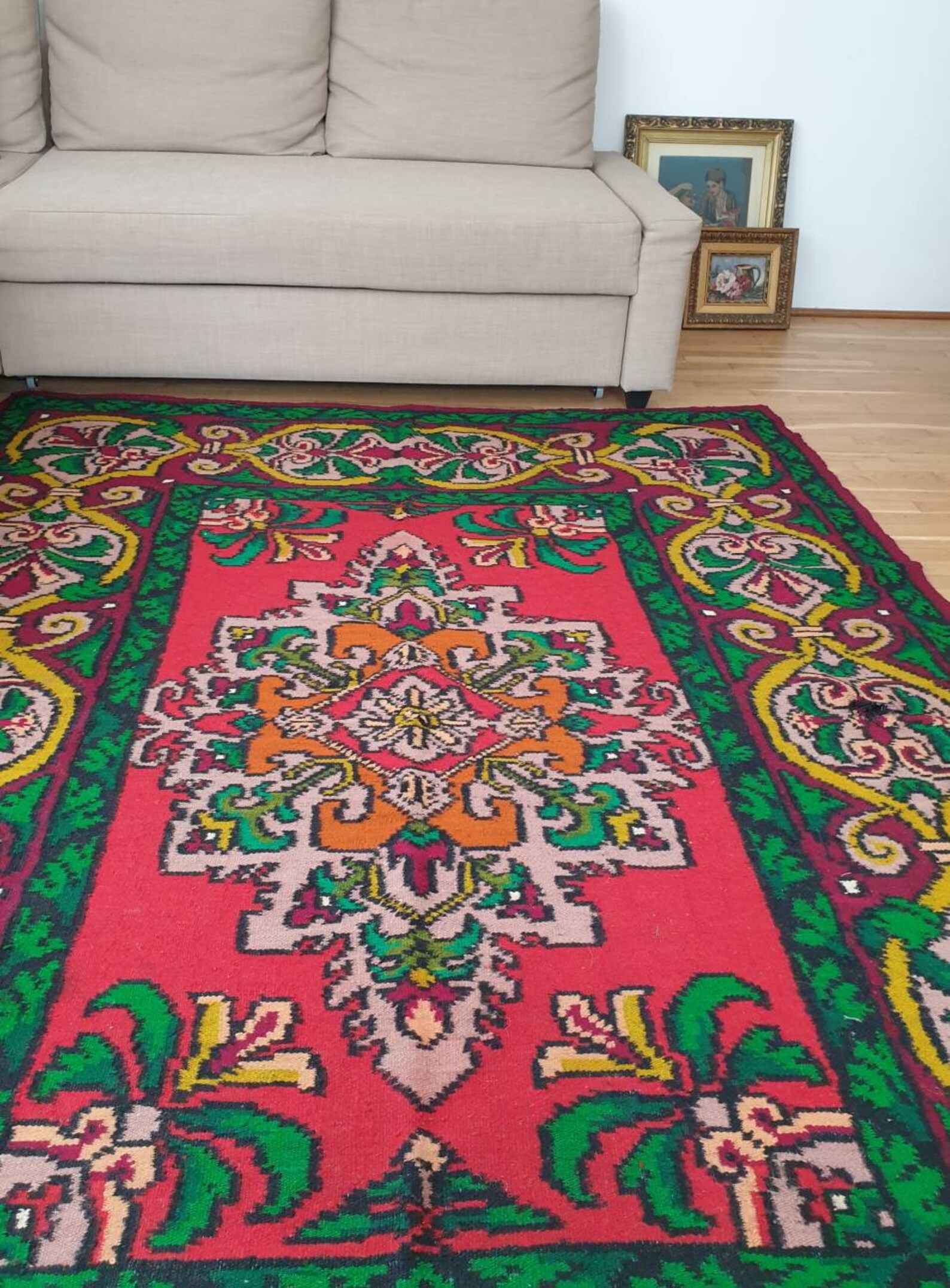 Antique Romanian Large Rug With Green and Red Design - Etsy