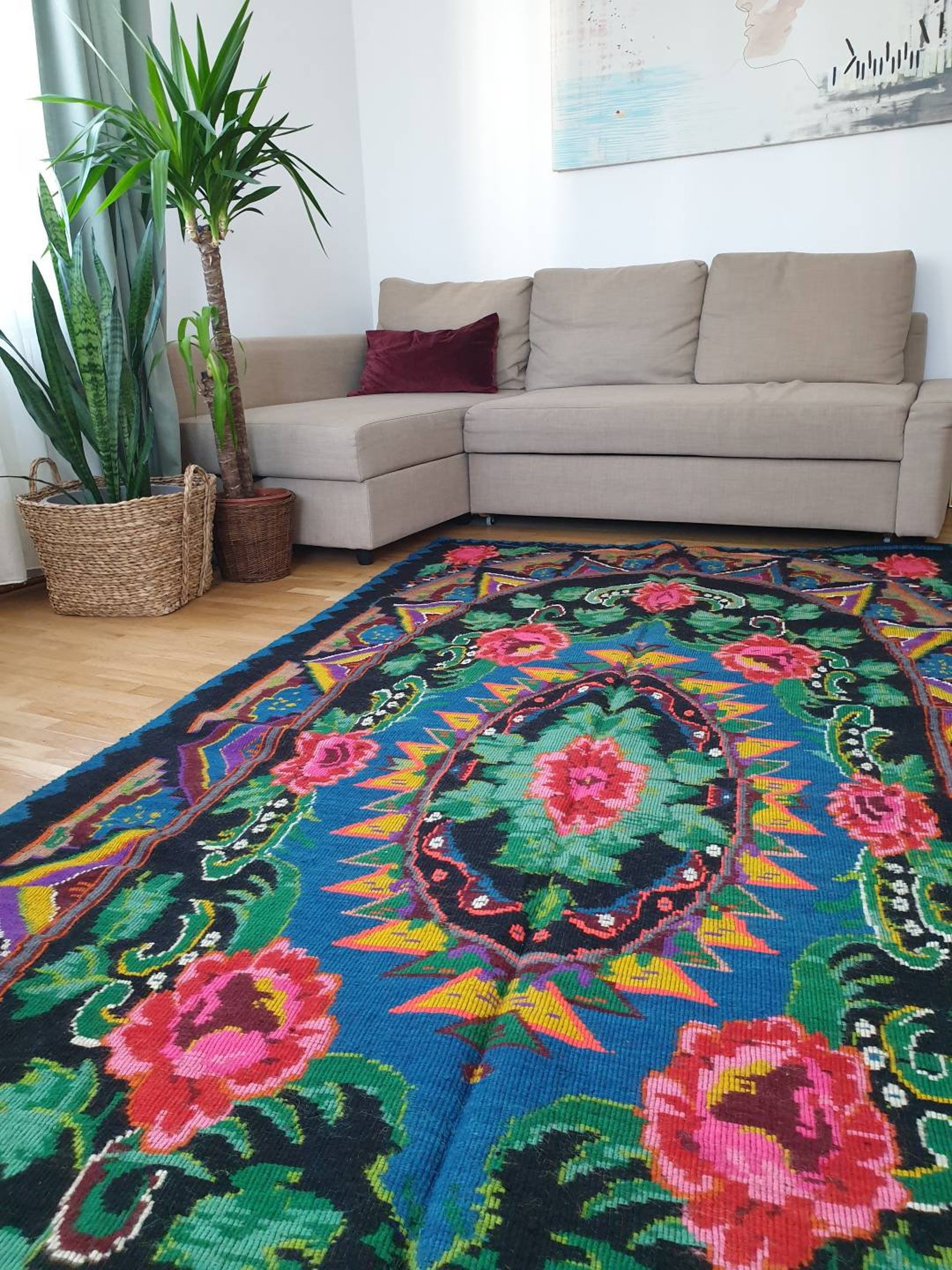 Large Handmade Romanian Rug 330x160cm With Amazing Bohemian Floral ...