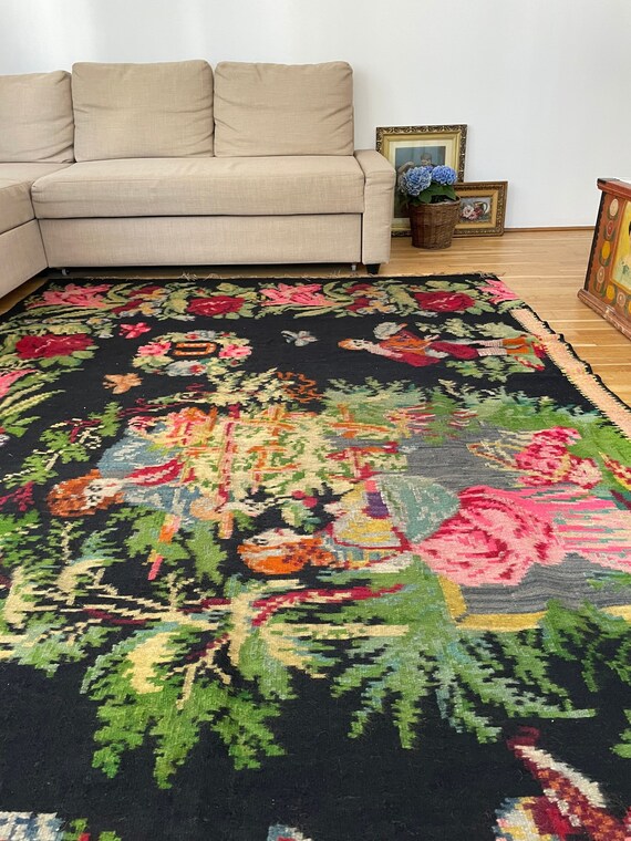 Antique Romanian Gorgeous Rug Handwoven in Wool Black | Etsy