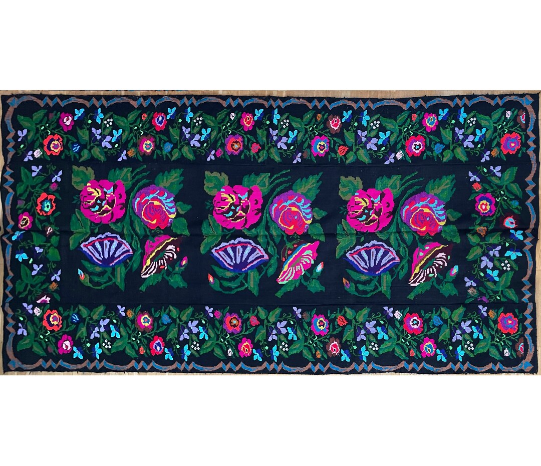 Handwoven Romanian Rug With Colorful Bohemian Floral Design - Etsy