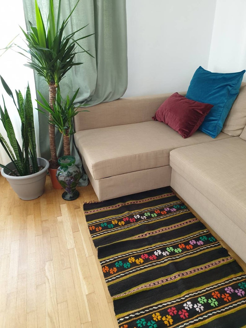 Beautiful Black Wool Runner With Stylized Delicate Flowers in - Etsy