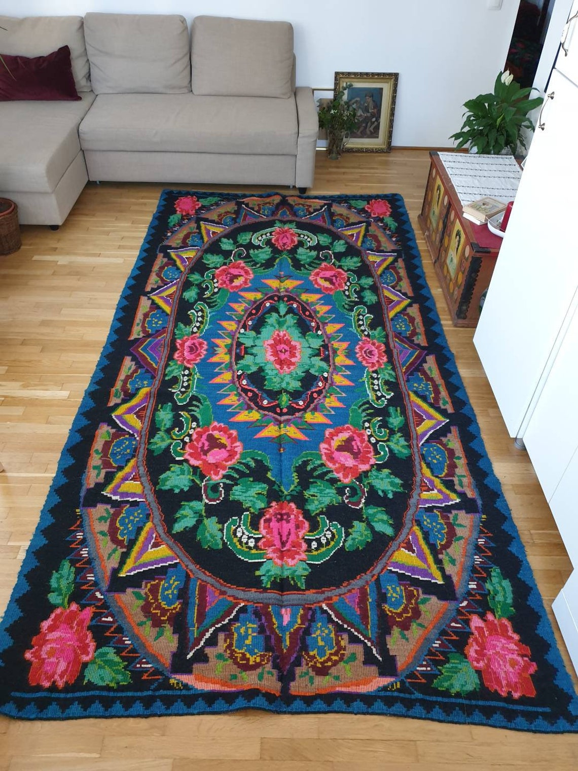 Large Handmade Romanian Rug 330x160cm With Amazing Bohemian Floral ...