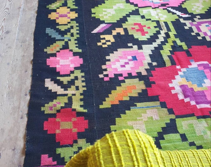 Large Antique Romanian Rug Handwoven in Wool Black - Etsy