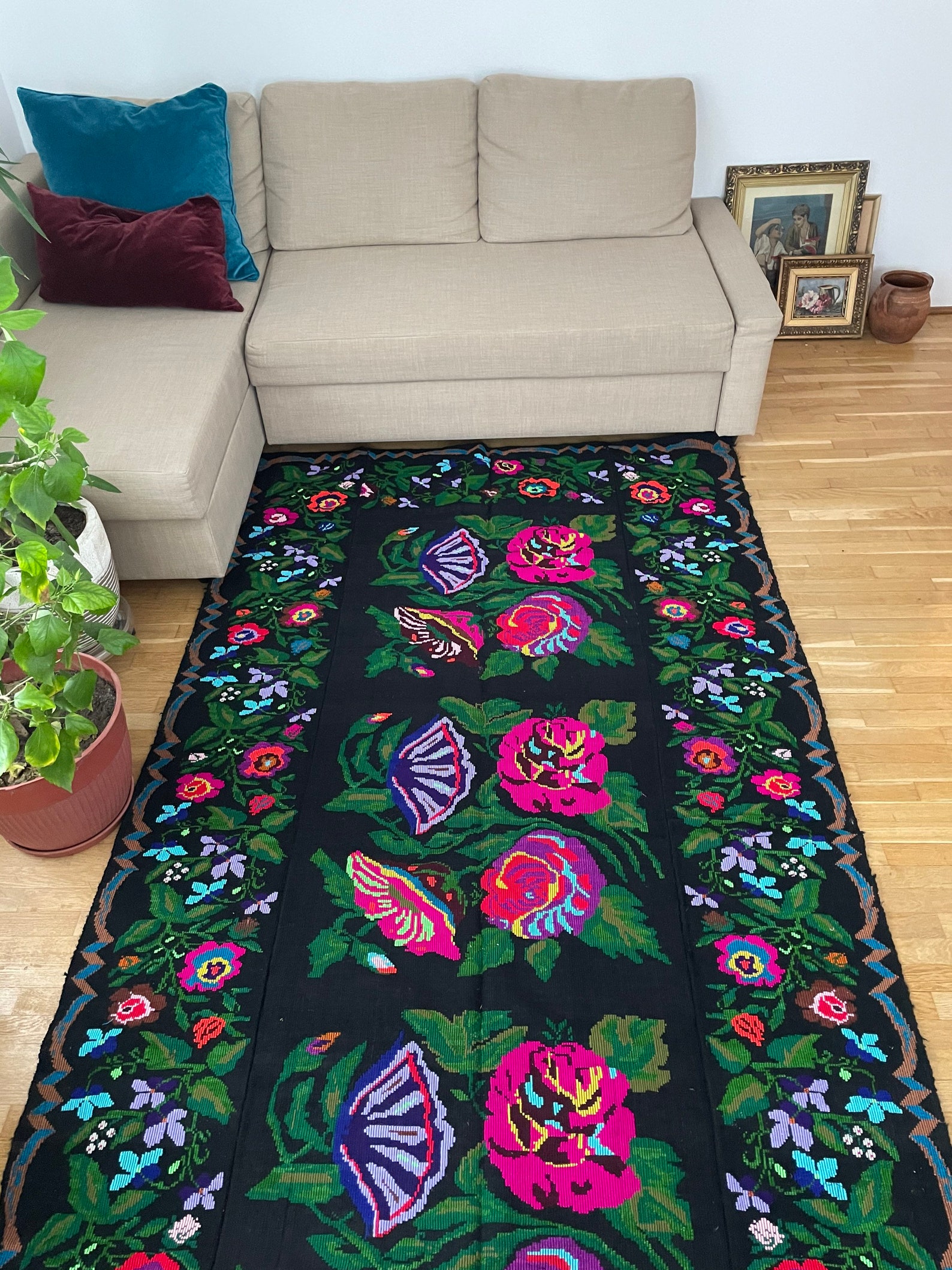 Handwoven Romanian Rug With Colorful Bohemian Floral Design - Etsy