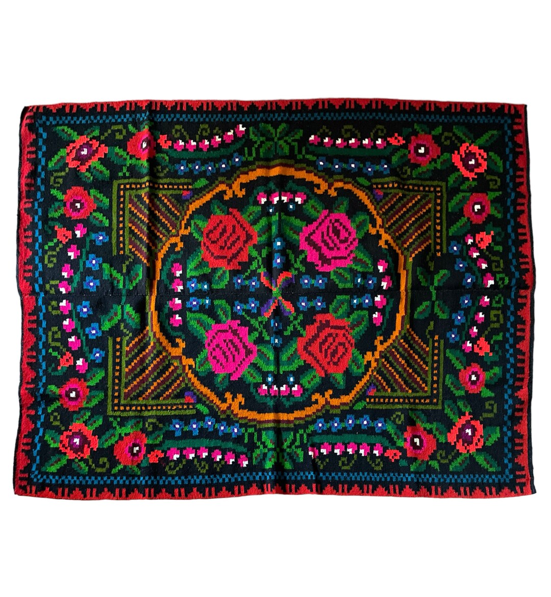 Vintage Wool Handmade Rug With Folk Floral Pattern Romania - Etsy