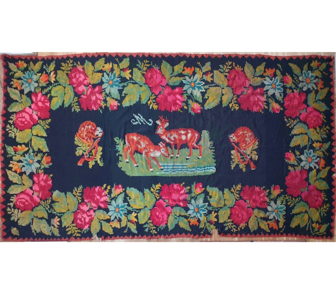 Large Romanian Antique Gorgeous Rug, Handwoven in Wool, Black ...