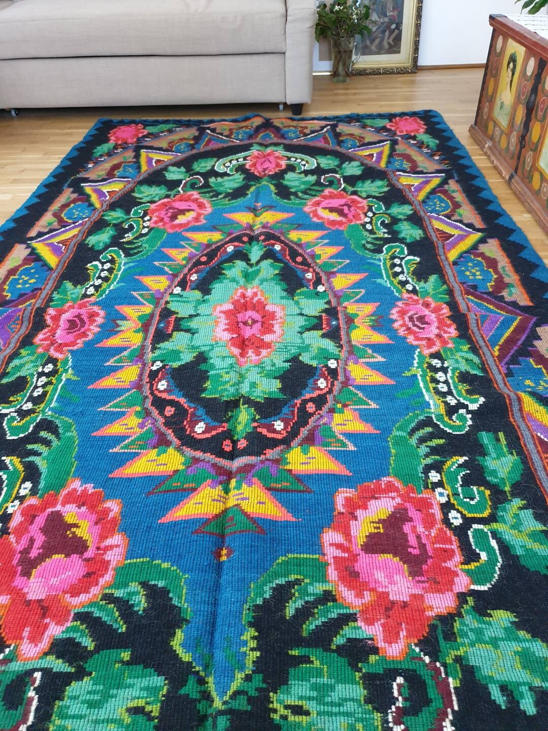 Large Handmade Romanian Rug 330x160cm With Amazing Bohemian Floral ...