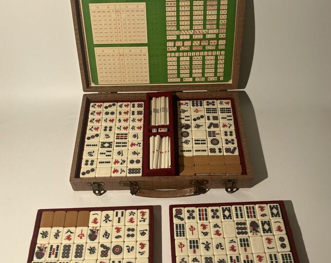 Japanese Vintage Mahjong Set With Case | Complete Tiles, Dice & Sticks ...