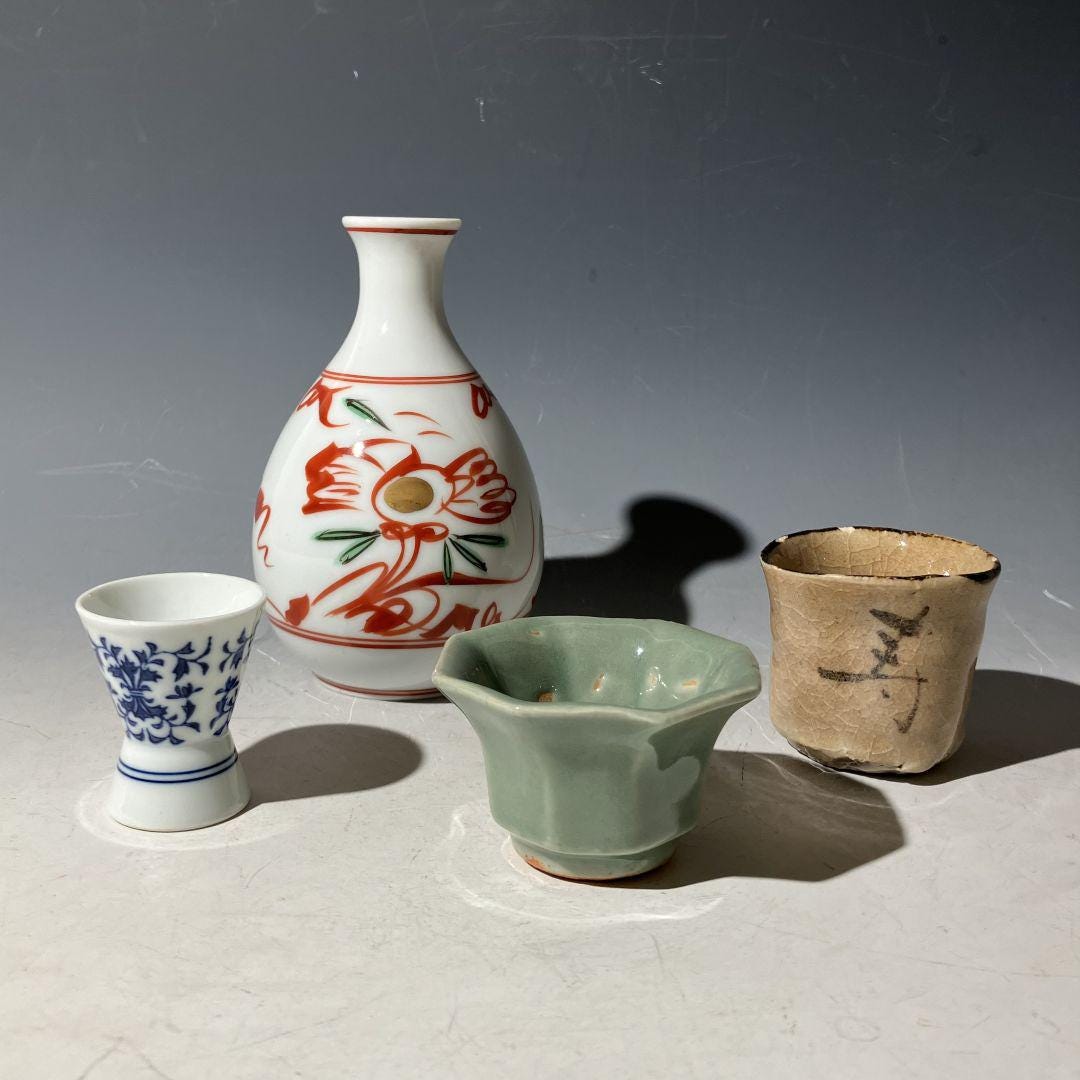 Vintage Japanese Sake Set – Hand-painted Ceramic Bottle & 3 Unique Sake ...