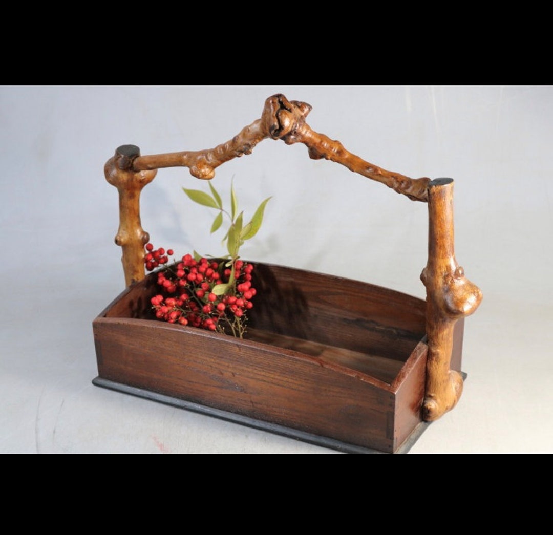 Japanese Wooden Storage Tray Knot Handle Keyaki Tree H. 12.2" L.13.7 ...