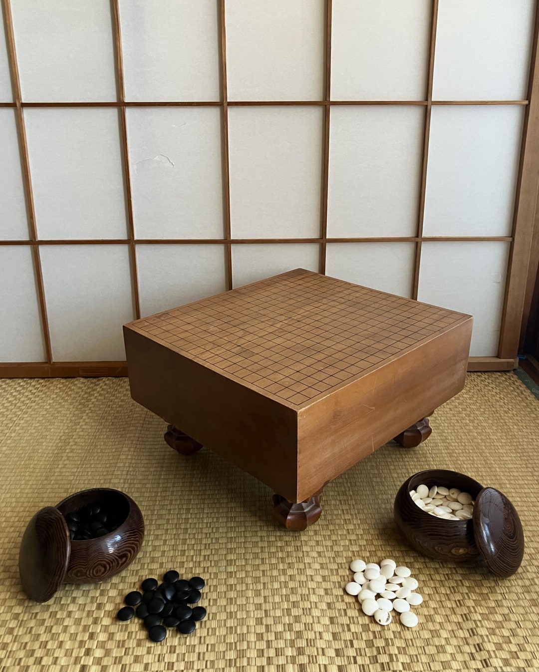 Japanese Wooden Go Board With Wooden Bowls and Glass Stones H.10.2inch ...