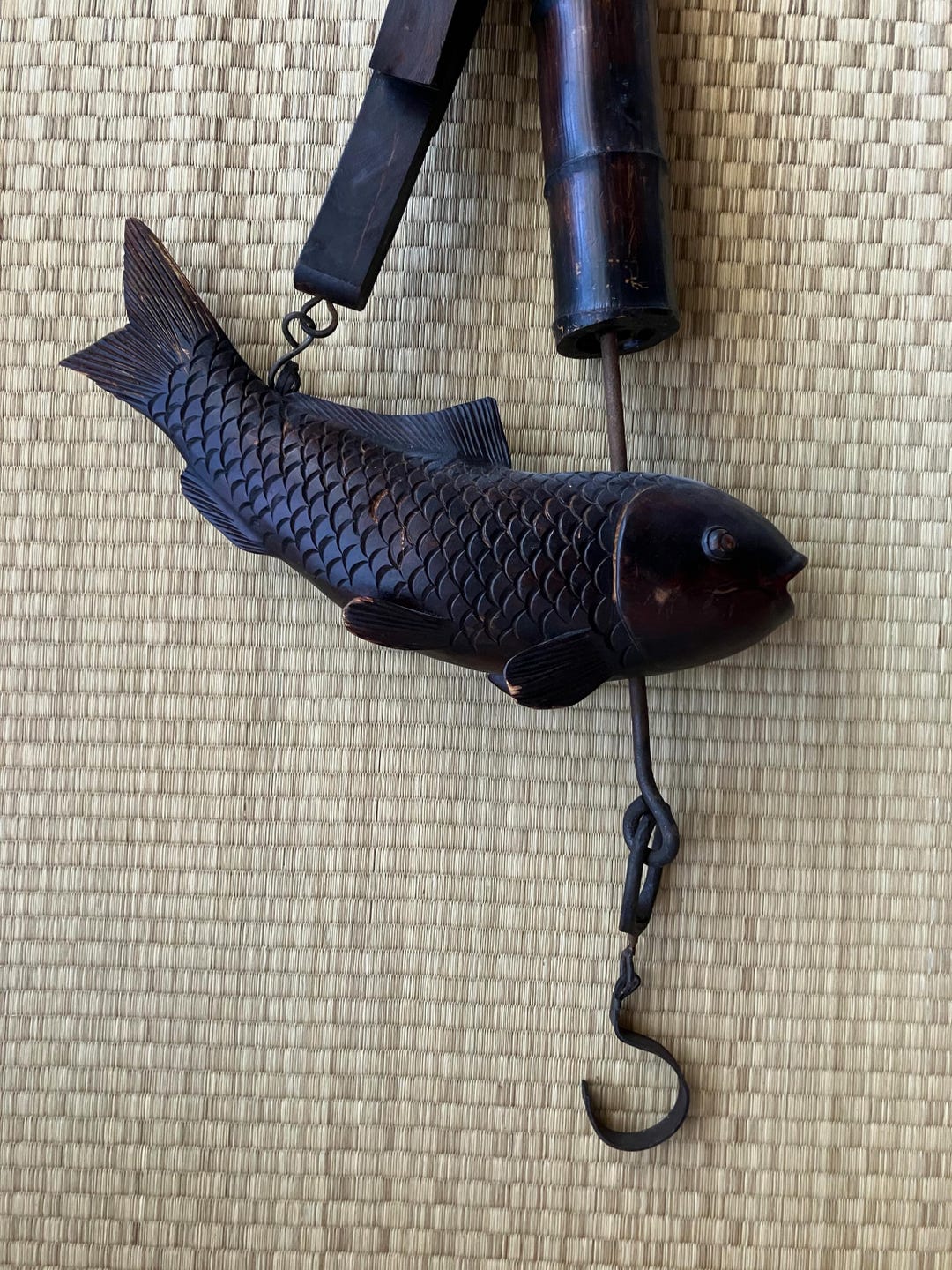 Japanese Vintage Jizaikagi Pot Hook With Hand-carved Wooden Fish, 70in ...