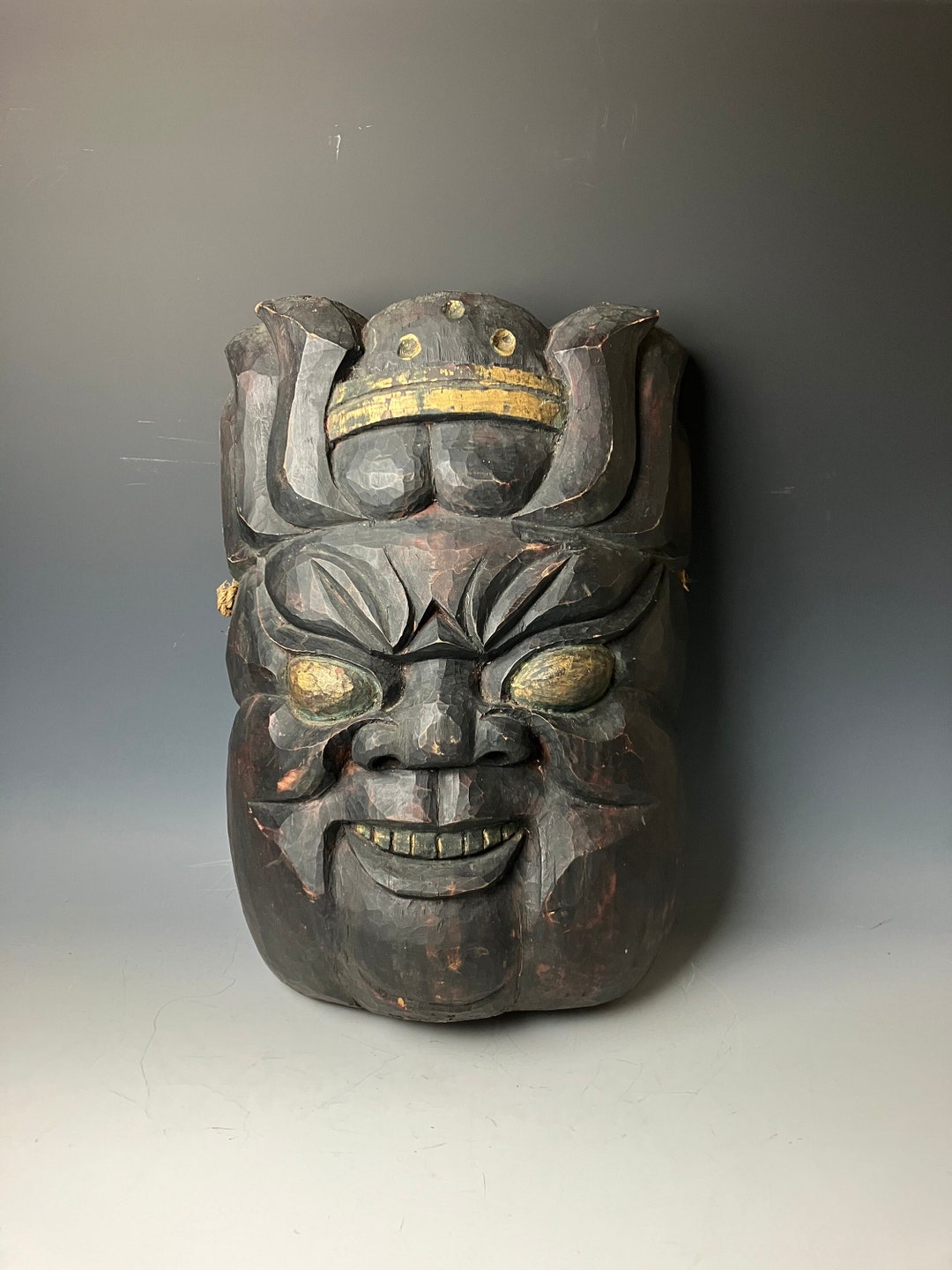 Antique Japanese Buddhist Deity Face - Handmade Wood Carved Sculpture ...