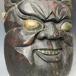 Antique Japanese Buddhist Deity Face - Handmade Wood Carved Sculpture ...