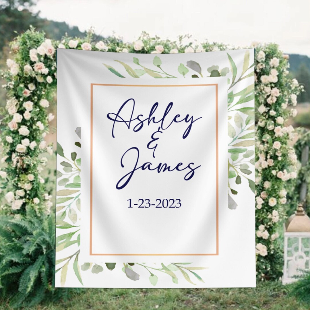 Personalized Wedding Backdrop, Personalized Green Leaves Wedding ...