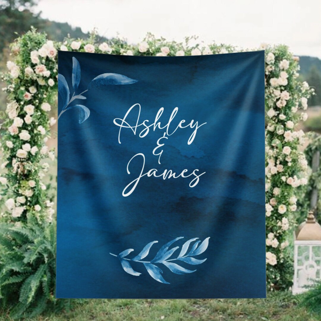 Personalized Blue Wedding Backdrop, Personalized Blue Leaves Wedding ...