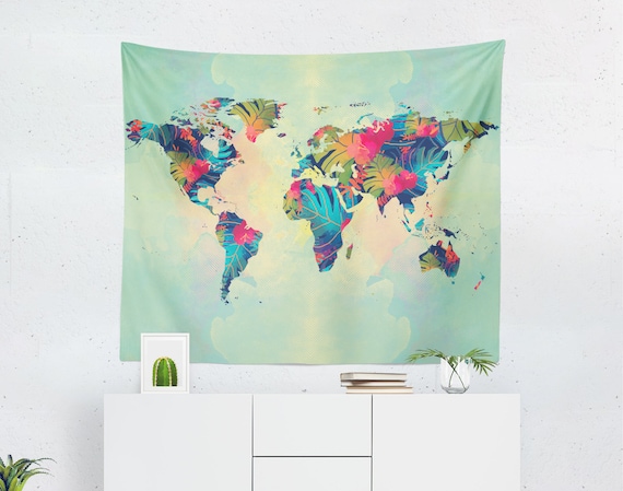 World Map Wall Hanging Tropical Wall Art Blue Boho Tapestry - Etsy