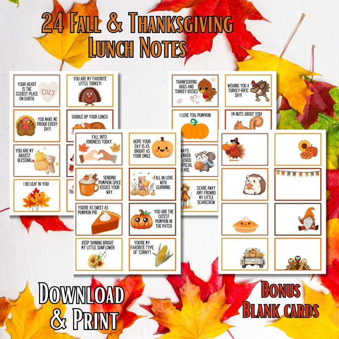 Fall and Thanksgiving Lunch Box Notes, Kids Lunch Notes, Printable ...