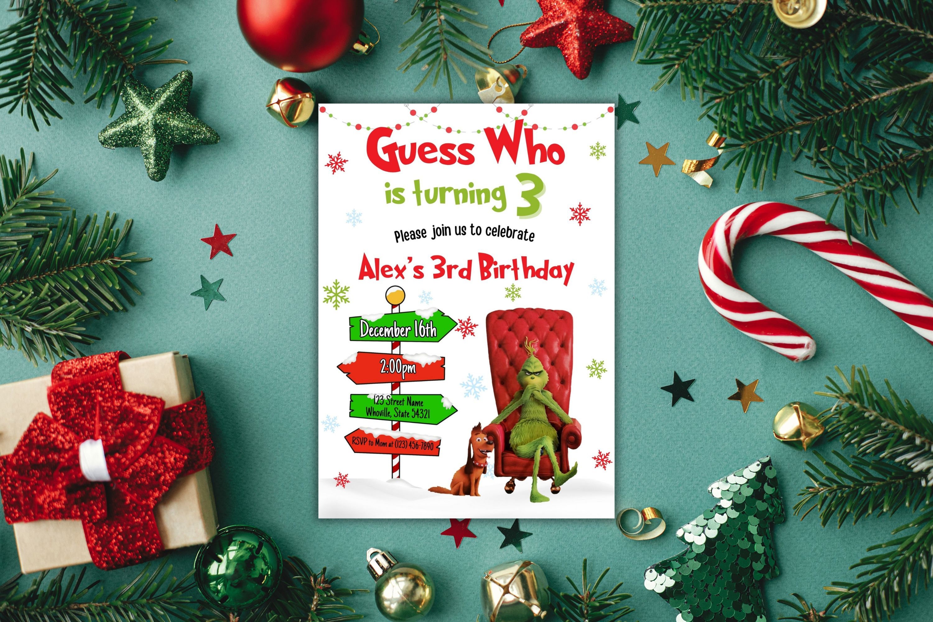 Green Grumpy Guy Birthday Invitation | Christmas Birthday Invitation ...