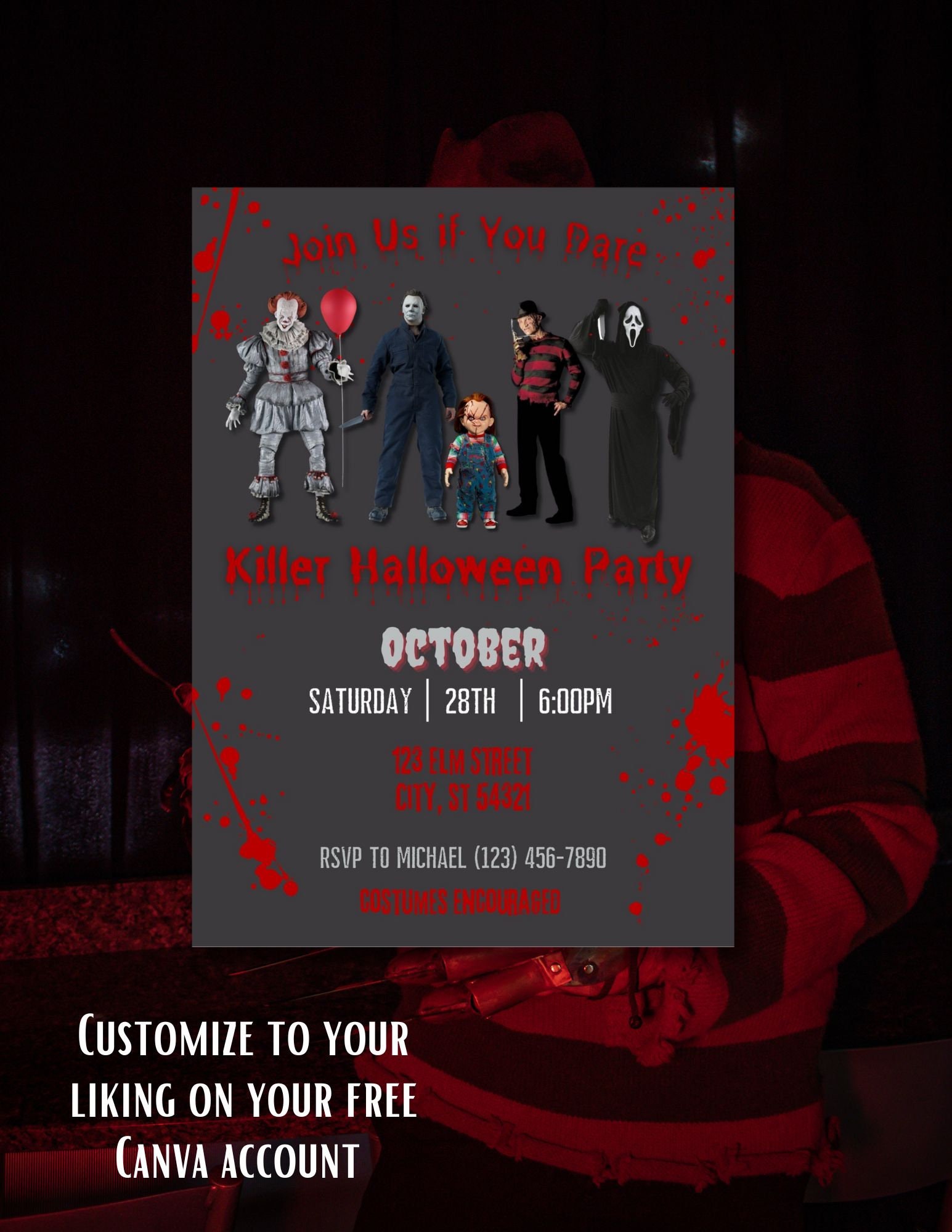 Killer Halloween Party Invitation, Editable Canva Template, Adult ...