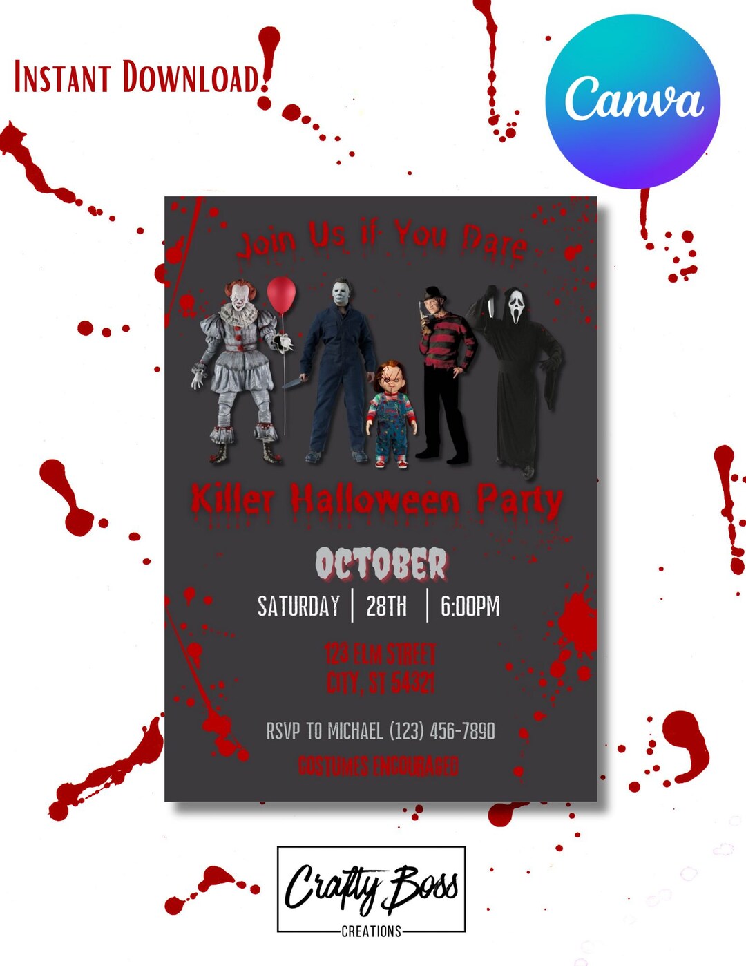 Killer Halloween Party Invitation, Editable Canva Template, Adult ...