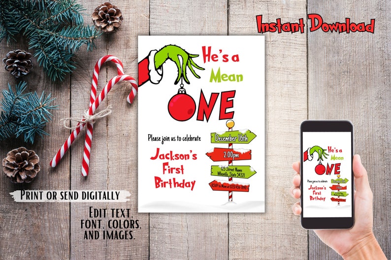First Birthday Invitation | He's a Mean One Birthday | Mean and Green ...