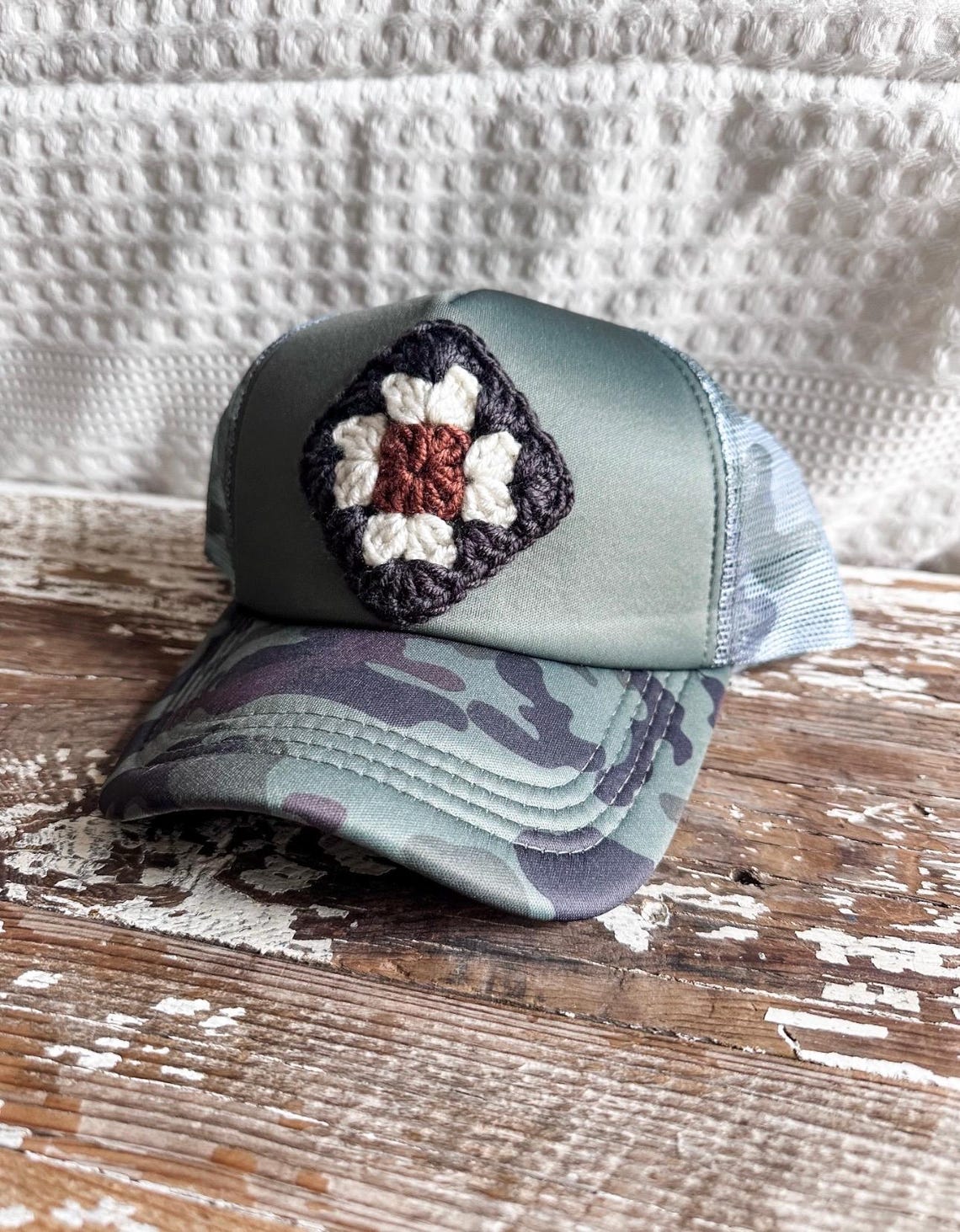 Crochet Patch Trucker Hat Granny Square Trucker Hat Crochet Granny Squares Baseball Cap Trucker ...