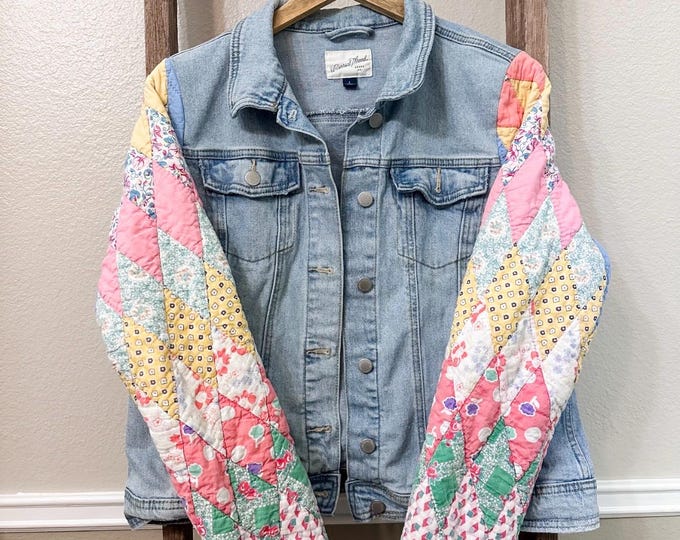 Large Quilted Sleeve Denim Jacket Refashion Upcycled Quilt Clothing ...