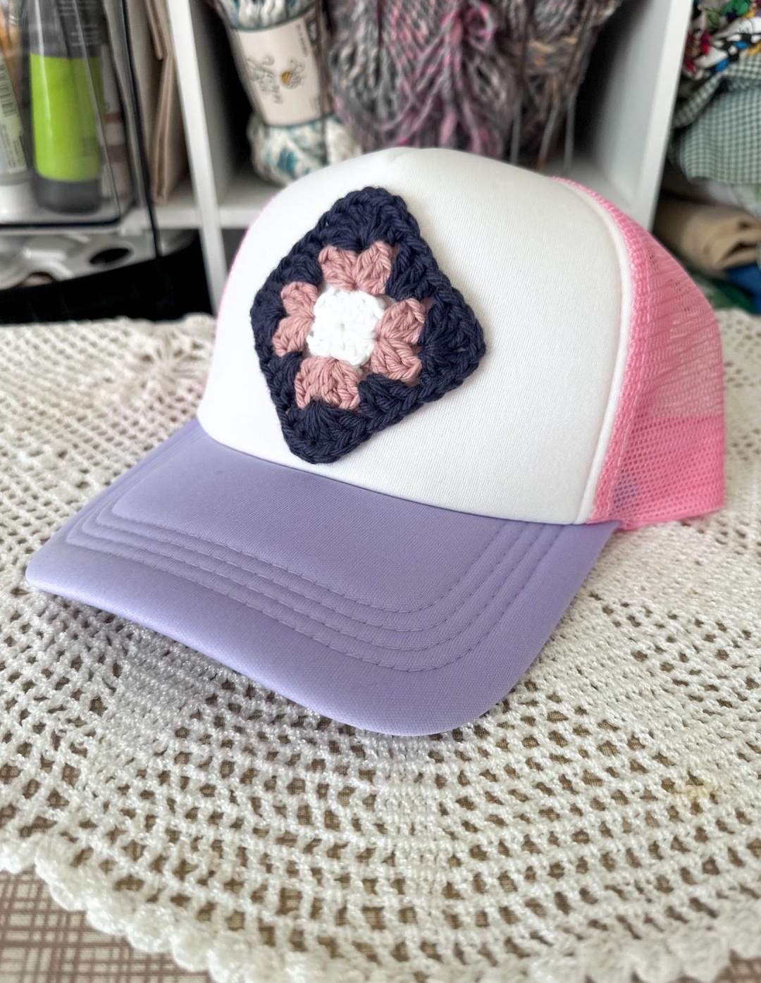 Crochet Patch Trucker Hat Granny Square Trucker Hat Crochet Granny Squares Baseball Cap Trucker ...