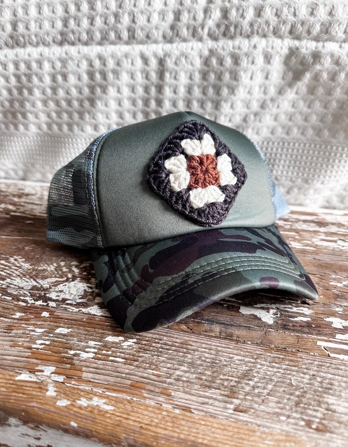 Crochet Patch Trucker Hat Granny Square Trucker Hat Crochet Granny Squares Baseball Cap Trucker ...