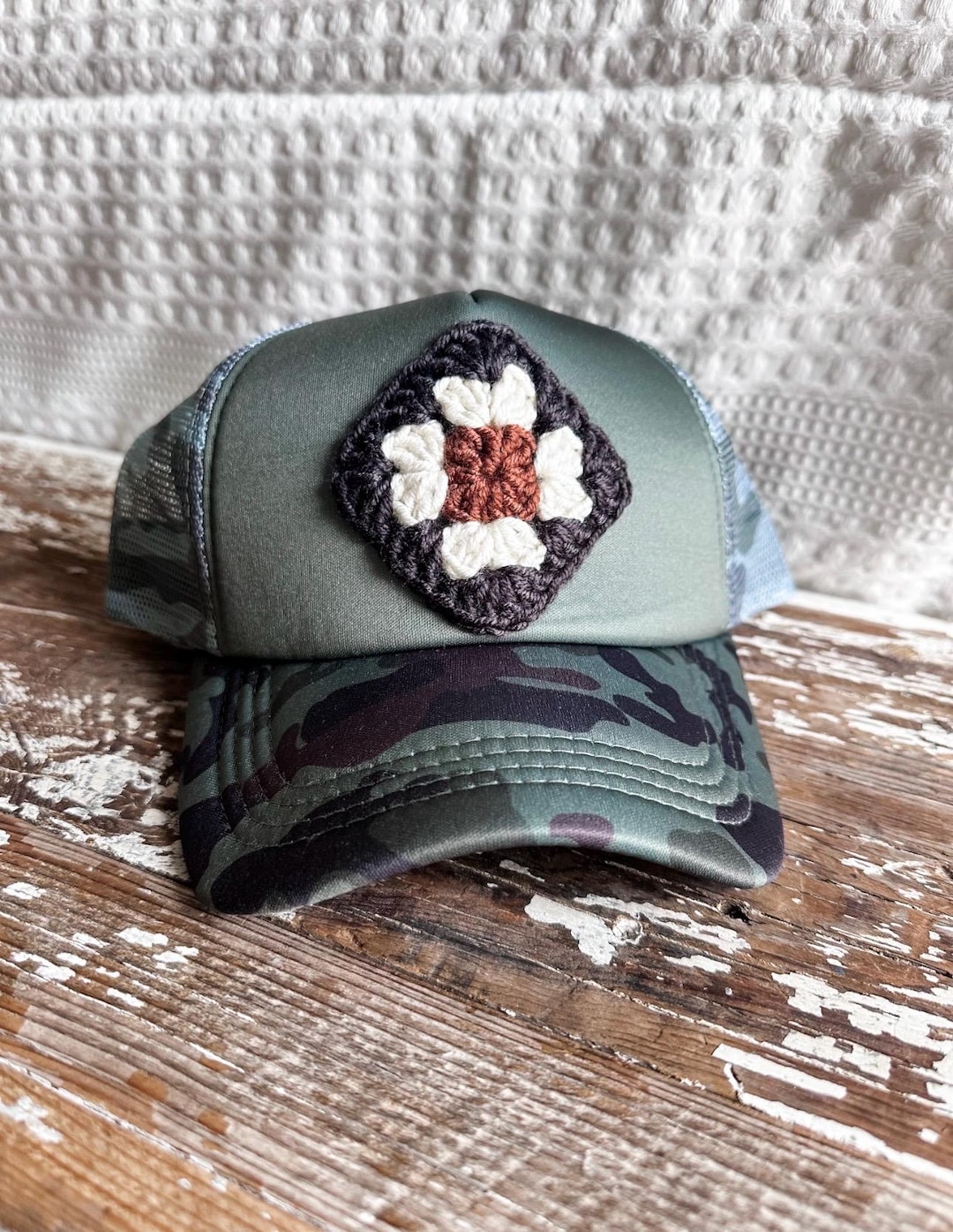 Crochet Patch Trucker Hat Granny Square Trucker Hat Crochet Granny Squares Baseball Cap Trucker ...