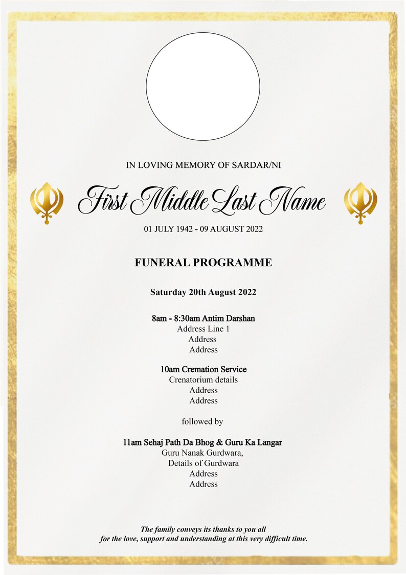 Punjabi Sikh Funeral Programme | Digital | Personalised | Portrait ...