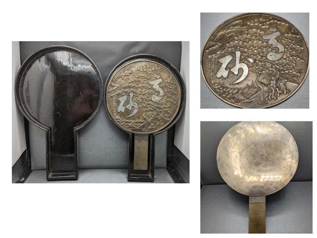 Antique Japanese Kagami Bronze Hand Mirror Flying Cranes Turtle and ...