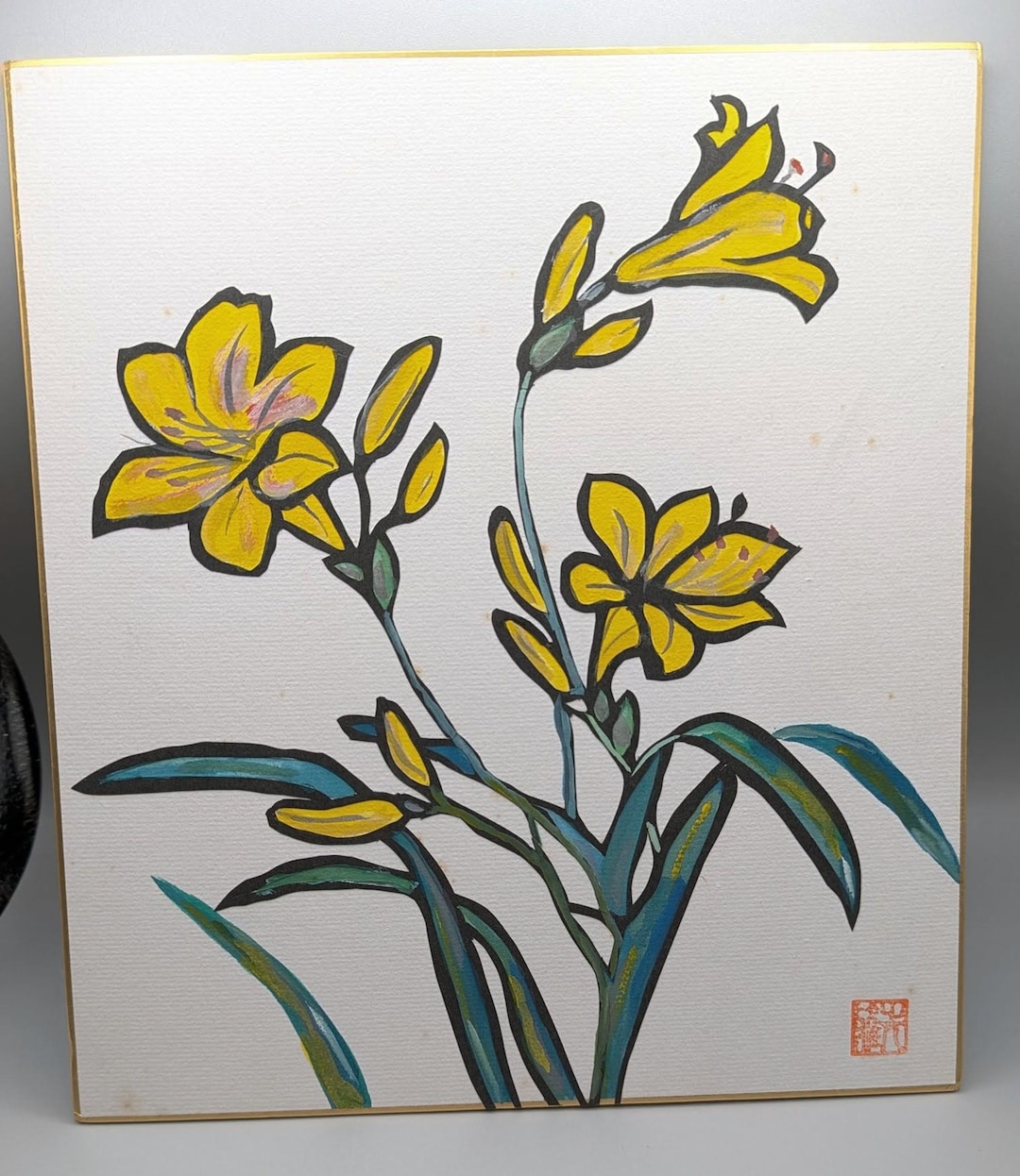 Vintage Japanese Art - Shikishi Water Color - Theme Yellow Trumpet ...