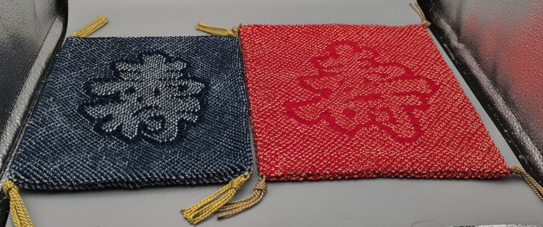 Pair of Vintage Red and Blue Shibori Fukusa - Japanese Silk Characters ...