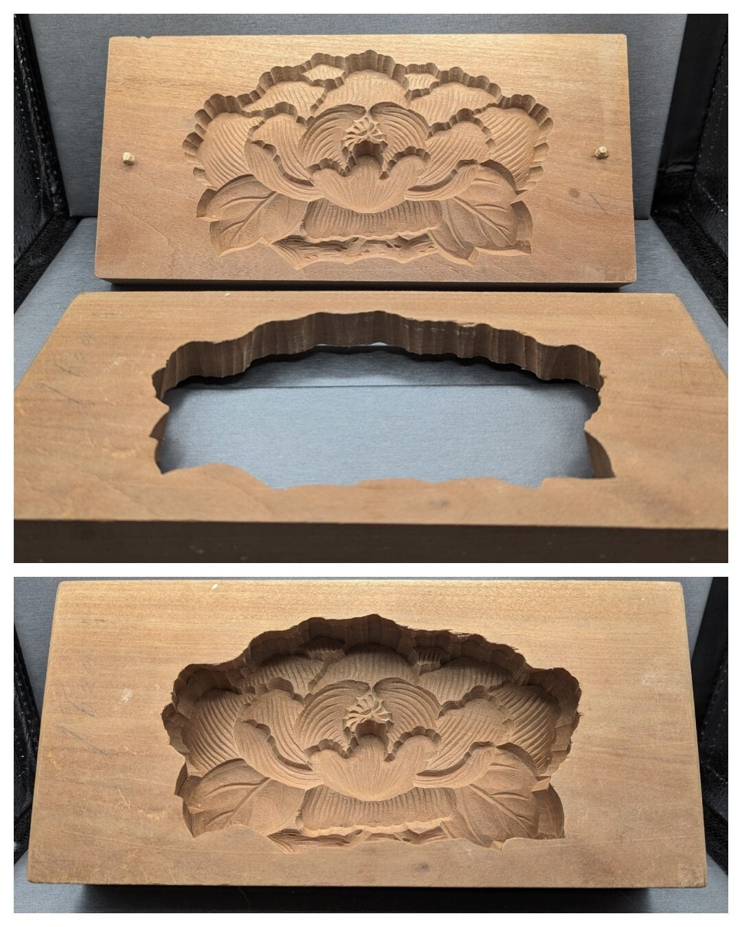 Very Large Hand Carved Wooden Japanese Kashigata Waterlily Lotus Theme ...