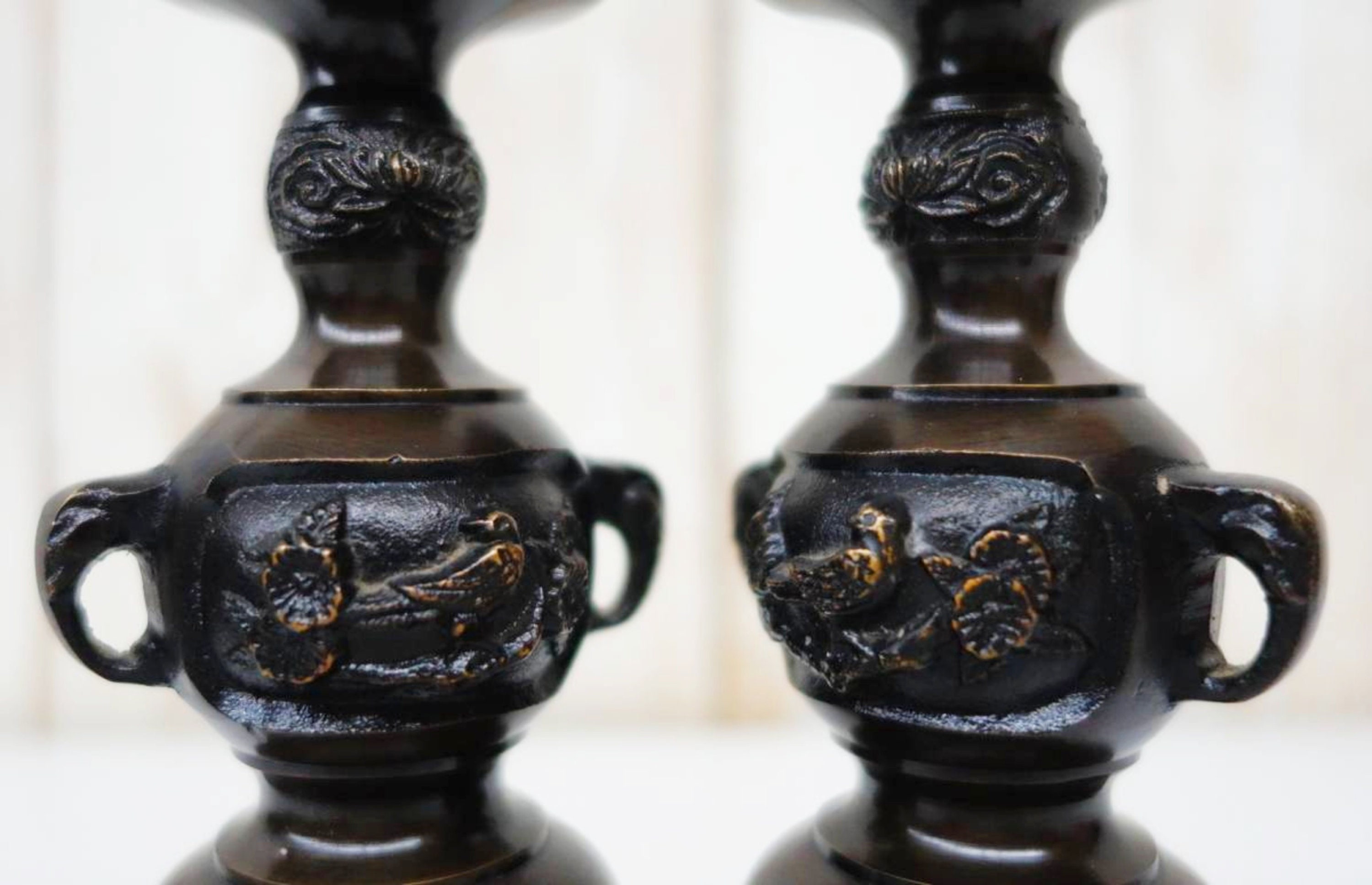 Bronze Vessel Stand and 2 Candle Holders Alter Set Birds & - Etsy