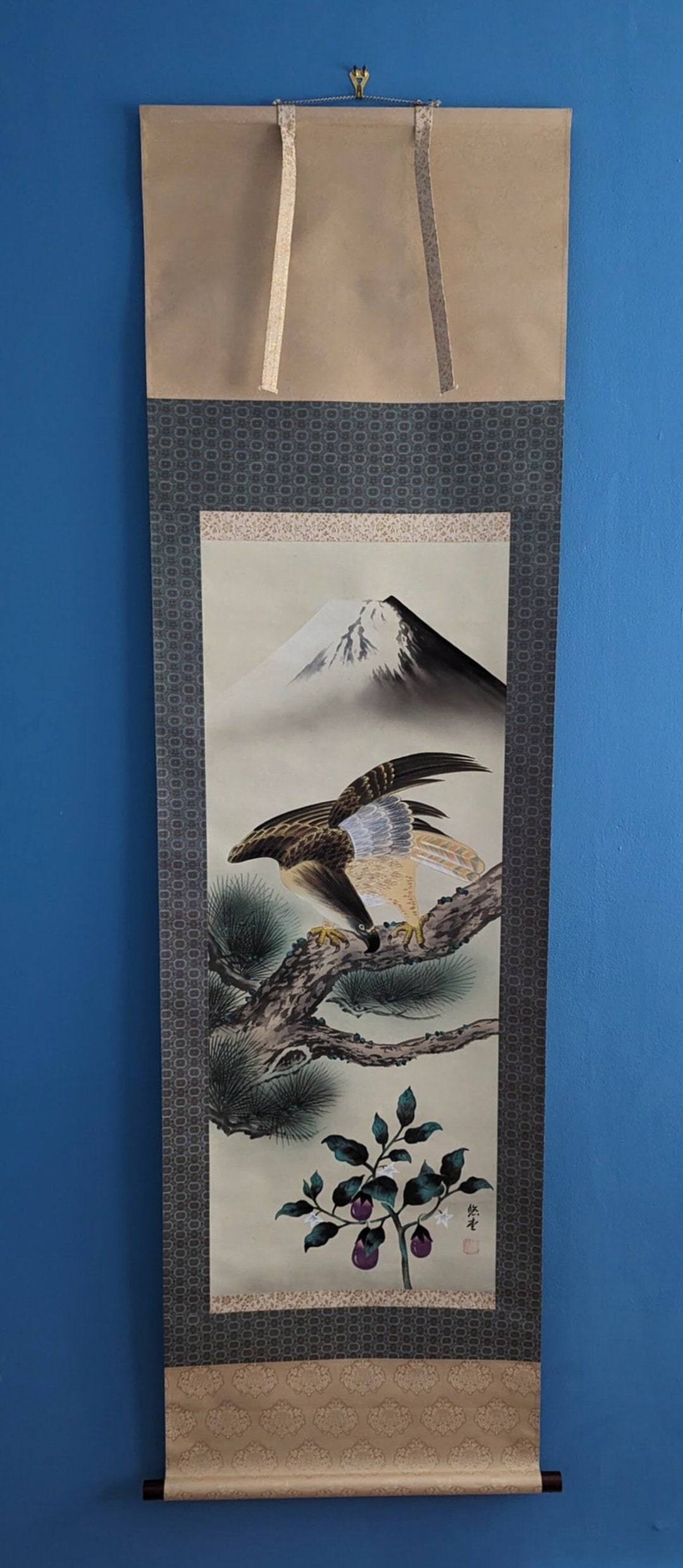 Vintage Japanese Scroll - Scroll Painting - Wall Hanging - Hawk and Mt ...