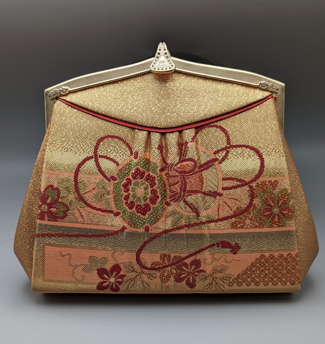 Silk Japanese Clutch Purse - Floral Design With Small Drum Gold - Light ...