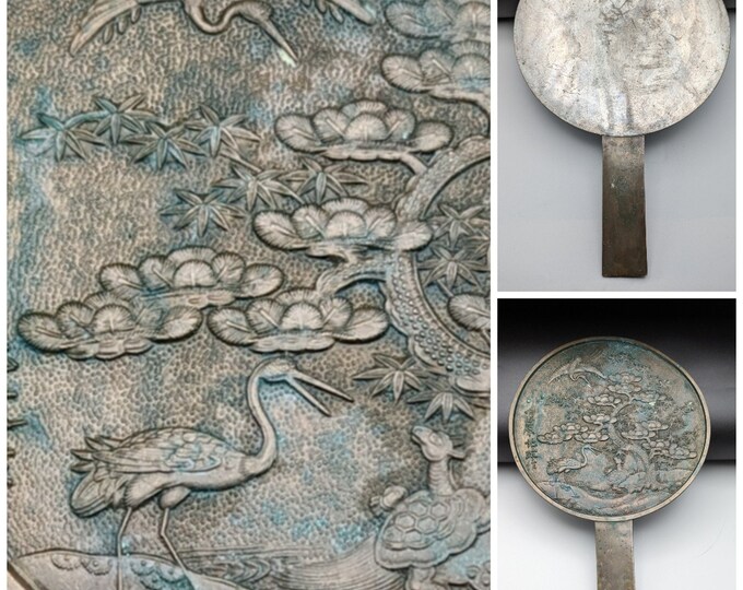 Antique Japanese Kagami – Bronze Hand Mirror - Flying Cranes, Turtle ...