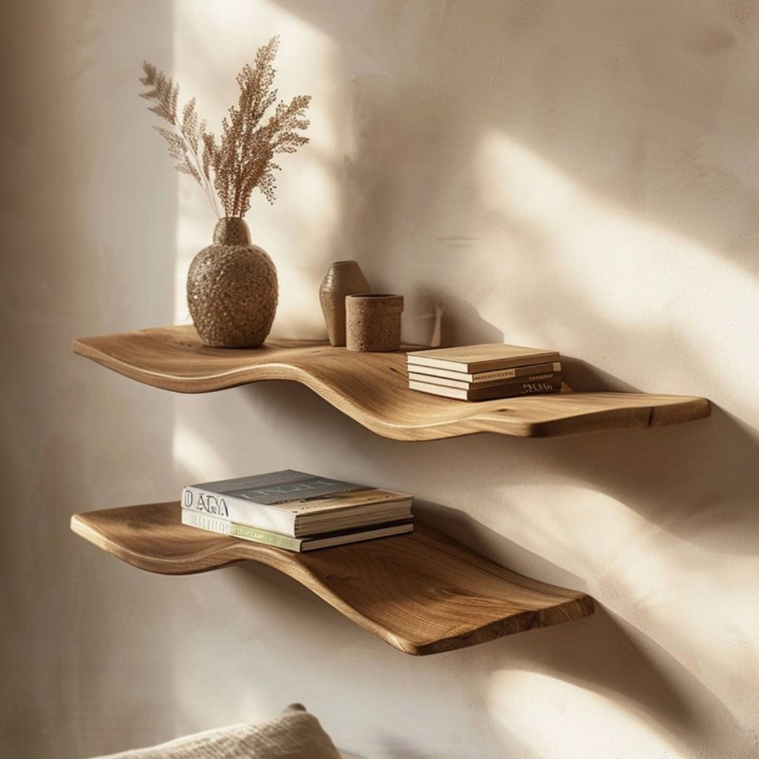 Wavy Shelf Live Edge Floating Shelves Solid Wood Wall Mount Bookshelf ...