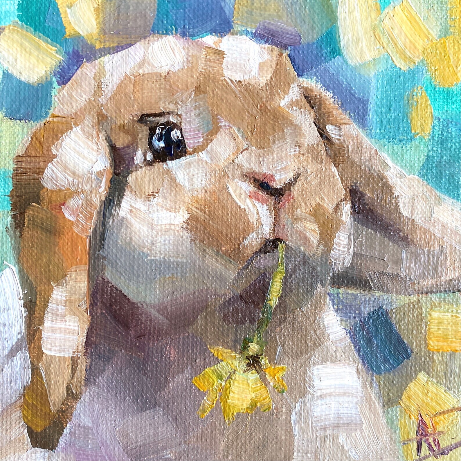 Easter gift original oil painting rabbit with flower small | Etsy