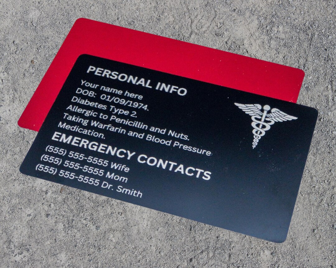 Engraved Aluminum Medical Alert Wallet Card: Personalized Emergency ...