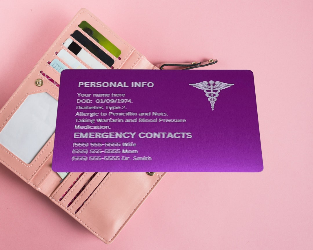 Medical Alert Wallet Card, Purple Aluminum Engraved Emergency Contact ...