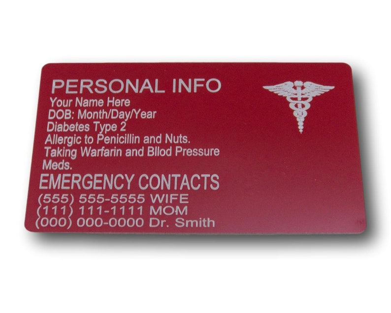 Medical Alert Wallet Card Aluminum Engraved Emergency Contact - Etsy Canada